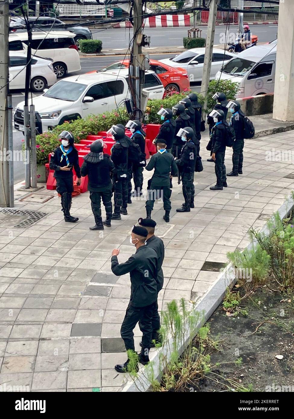 Bangkok, Thailand. 14th Nov, 2022. Military personnel patrol the streets of the Thai capital ...