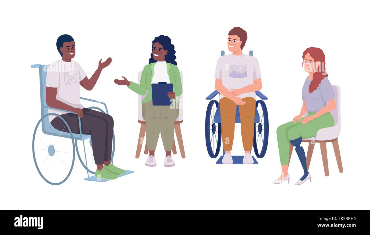 Group therapy for disabled patients semi flat color vector characters ...