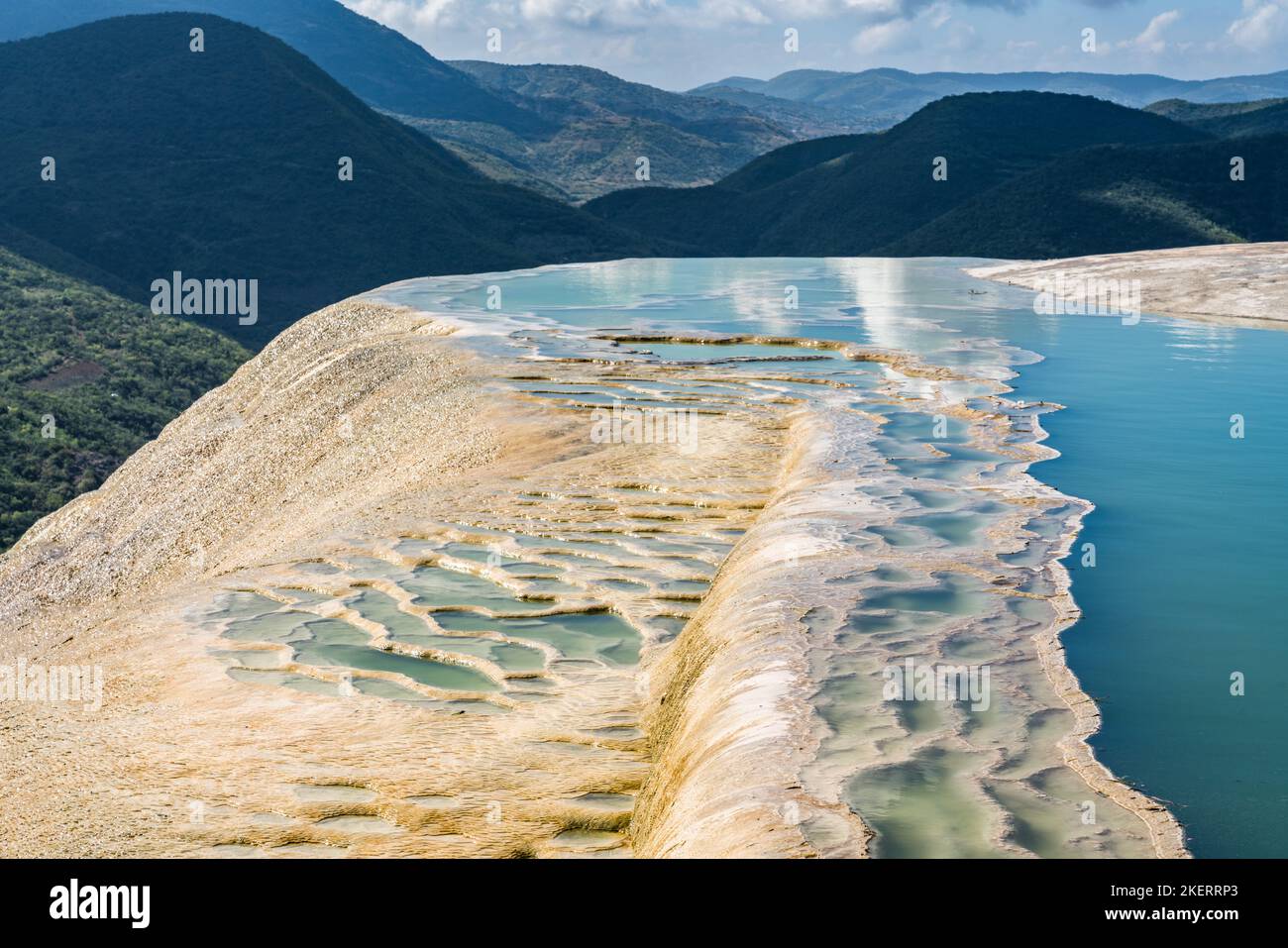 A mineral water pool and travertine formations at the edge of the cliff ...