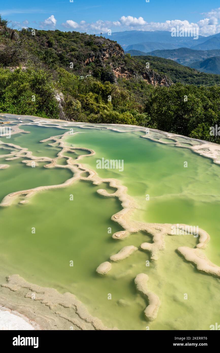 A mineral water pool and travertine formations at the edge of the cliff ...