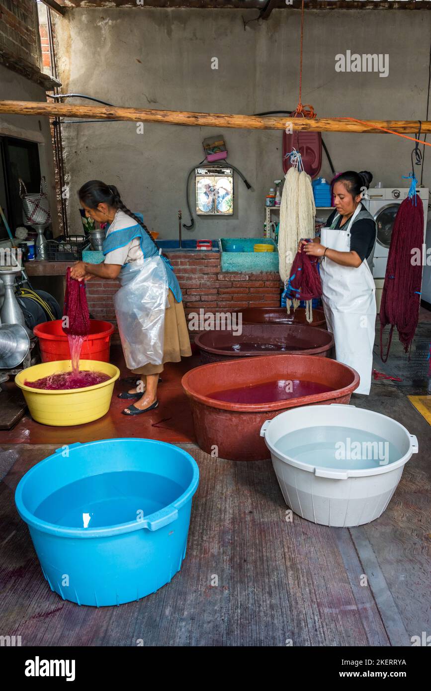 Women in a weaving workshop wash skeins of yarn after dying with ...