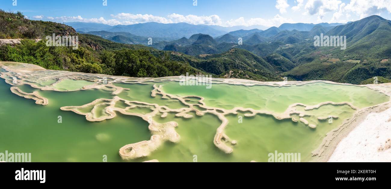 A mineral water pool and travertine formations at the edge of the cliff ...