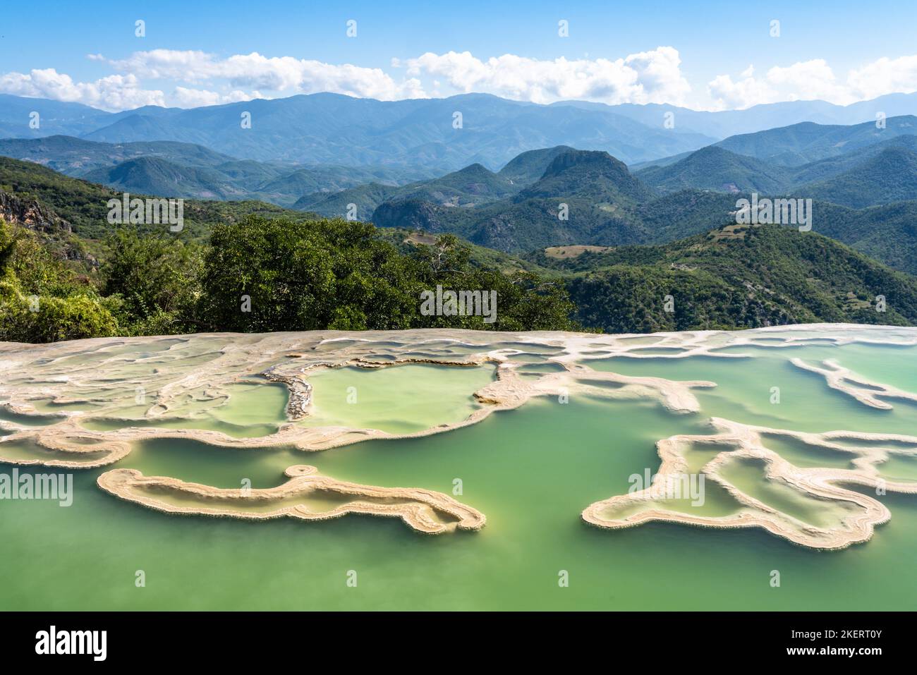 A mineral water pool and travertine formations at the edge of the cliff ...