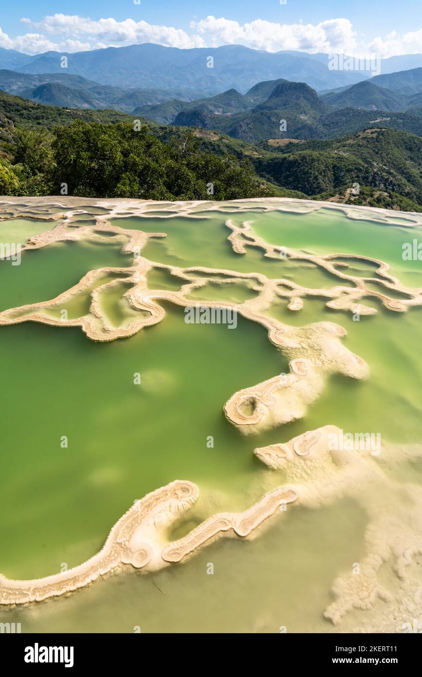 A mineral water pool and travertine formations at the edge of the cliff ...