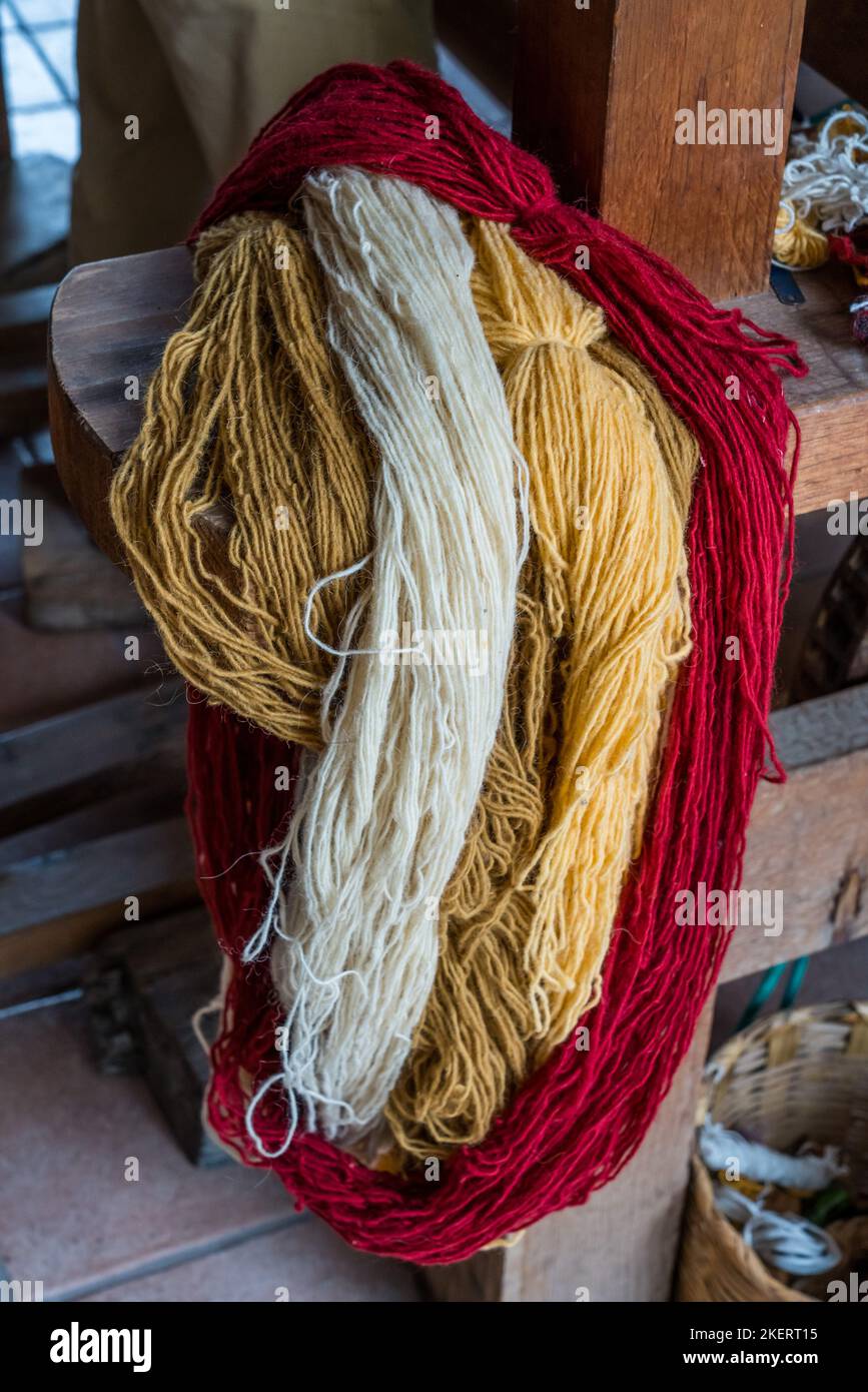 Wool yarn to be used in weaving rugs in Teotitlan del Valle, a famous ...