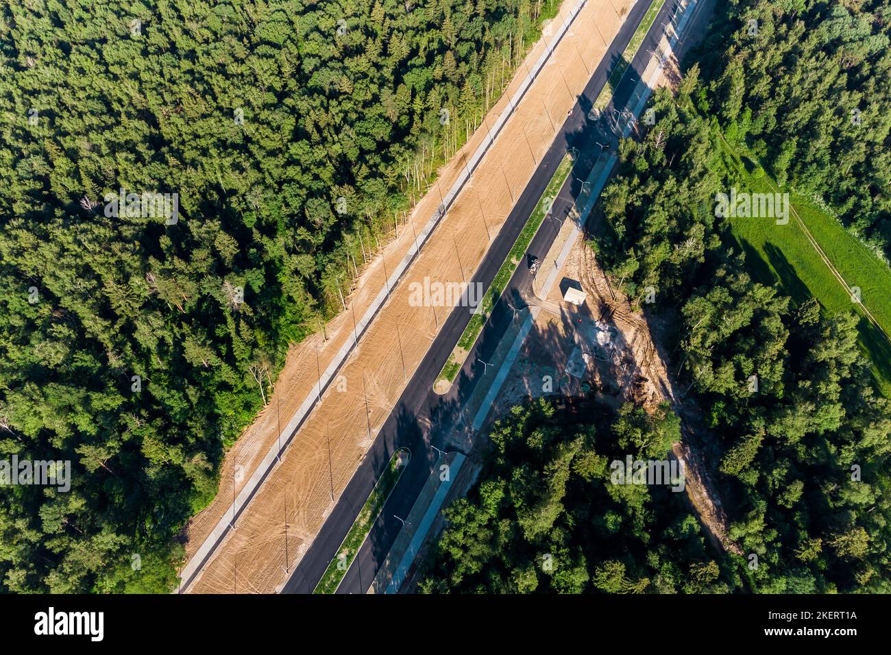 Laying a new road in a forest area, view from a high altitude Stock ...