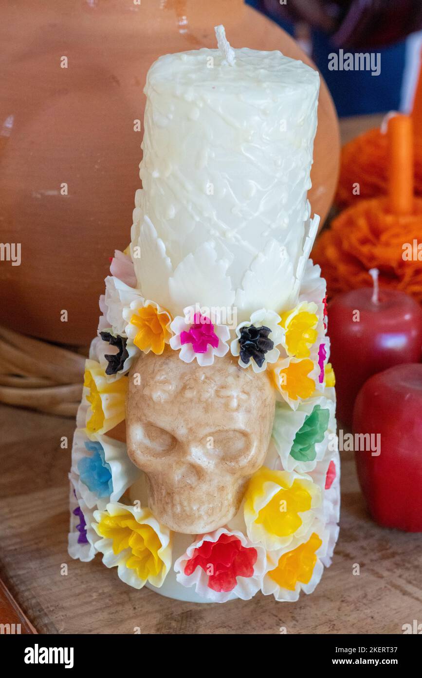 Handmade candle with elaborate wax flowers & skull for Day of the Dead ...