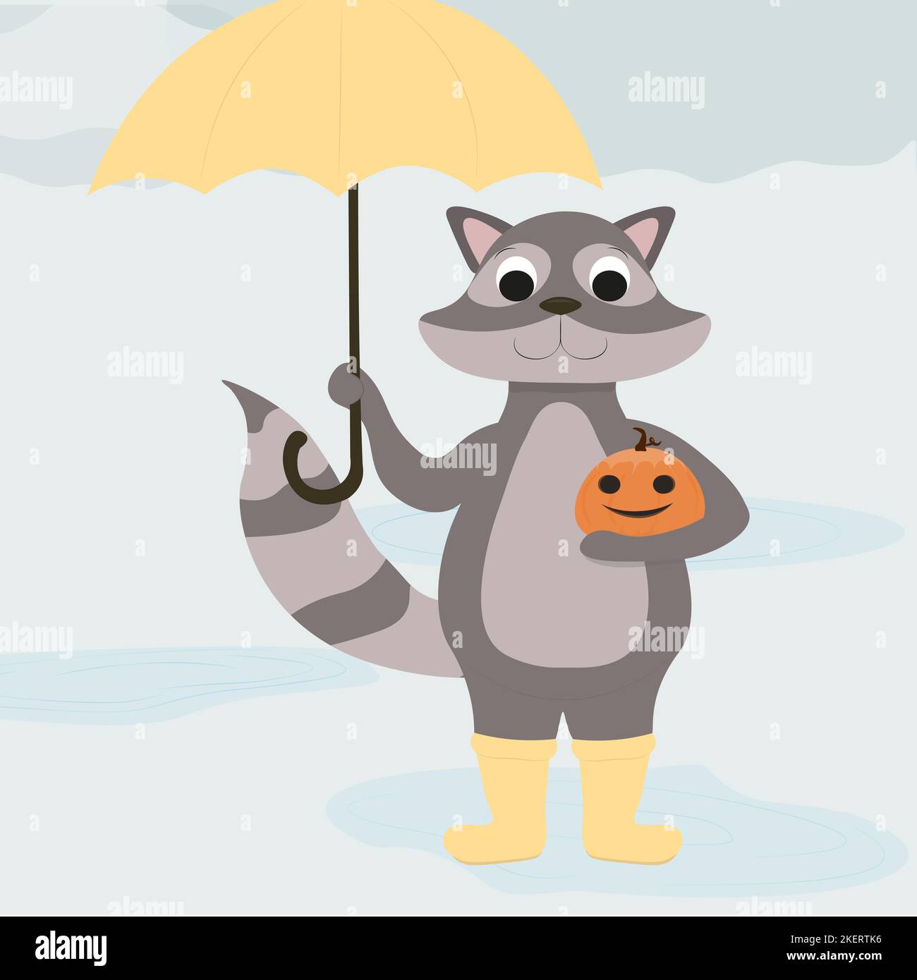 Children Cartoon character raccoon with umbrella and pumpkin Stock ...