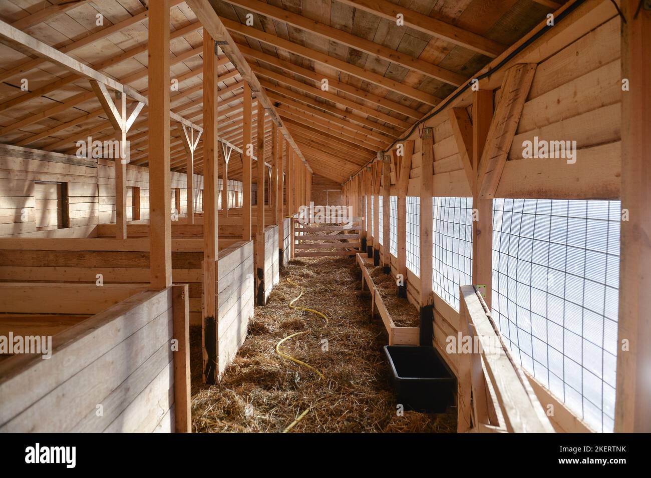 Empty woden stable/ barn with hay on the floor Stock Photo - Alamy