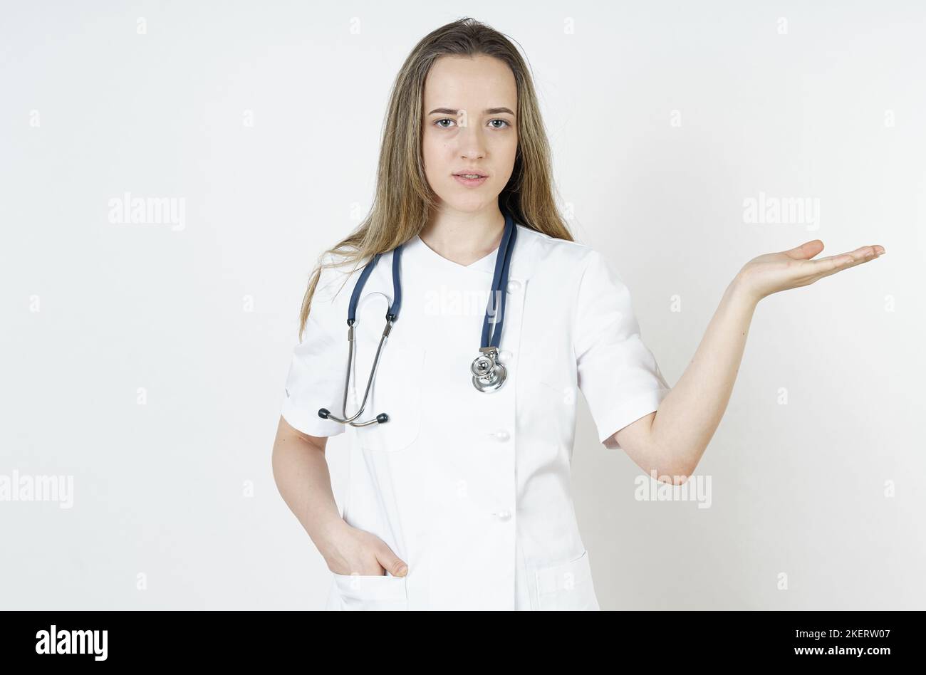 Medicine and health concept. Doctor, pointing with his hands, lifting ...