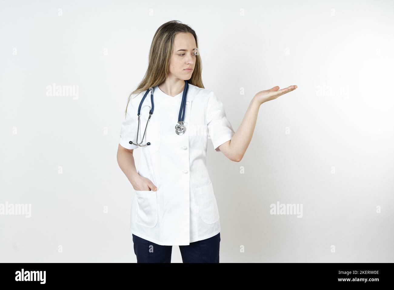 Medicine and health concept. Doctor pointing with his hands, raising ...