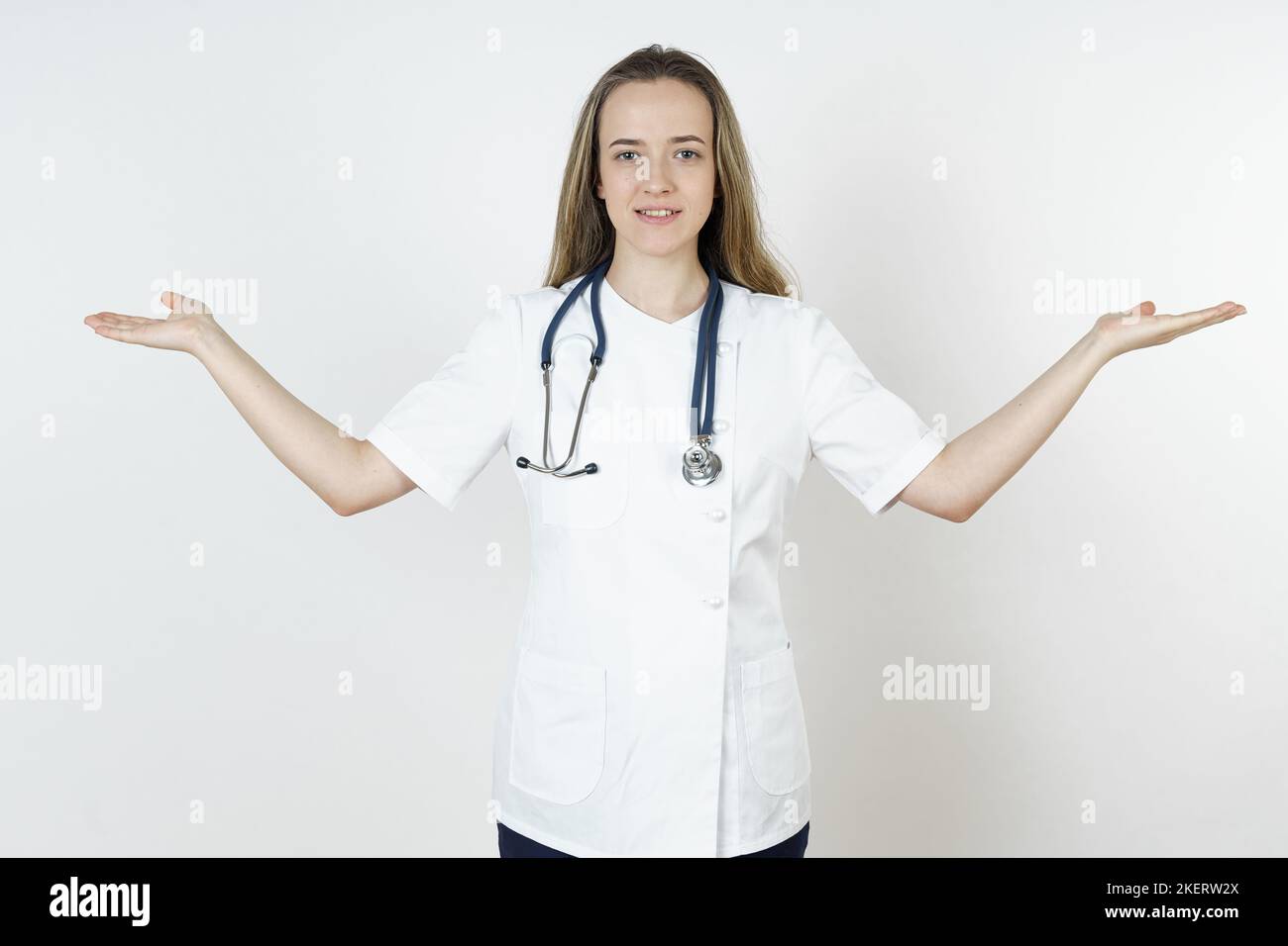 Medicine and health concept. The doctor spreads his hands in different ...