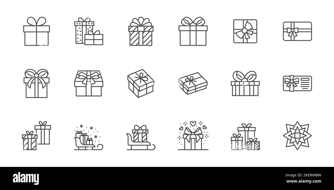 Gift line icon set. Christmas present box wrap, discount card ...