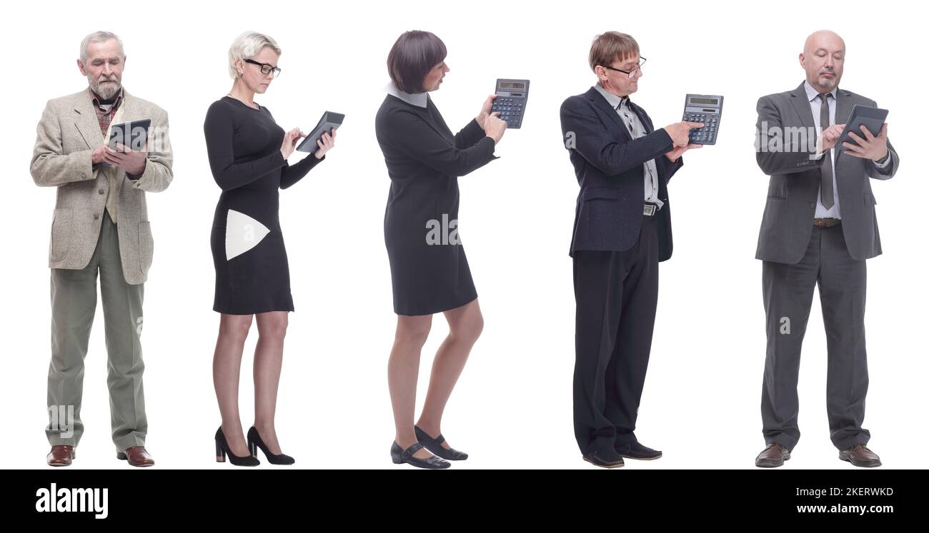 collage group of successful financiers with calculator isolated Stock ...