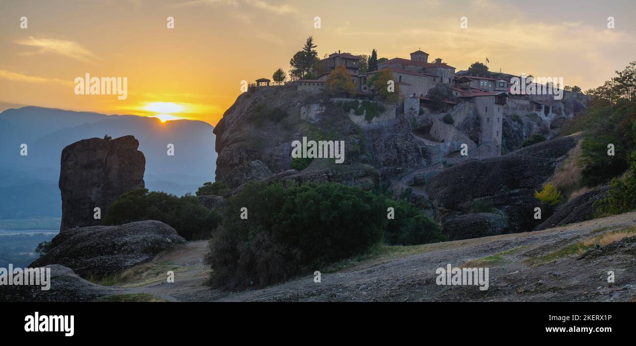 Meteora, Greece-Panorama of mountain scenery of rocks and monasteries ...