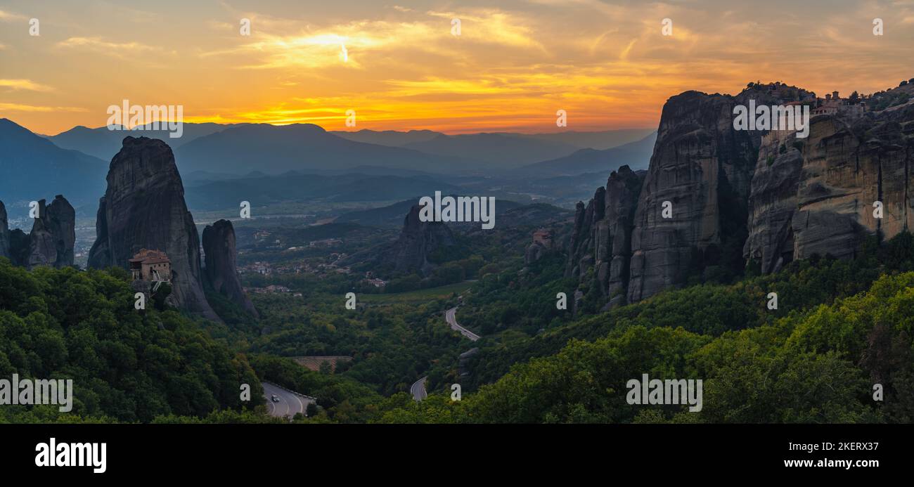 Meteora, Greece-Panorama of mountain scenery of rocks and monasteries ...