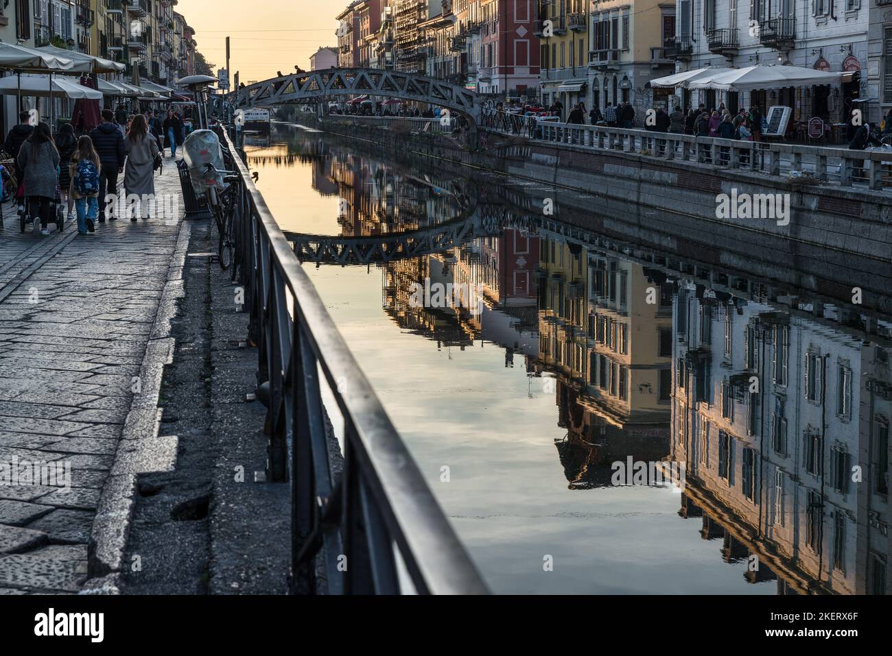Milan city at the Navigli, Italy. Naviglio Grande with houses reflected ...