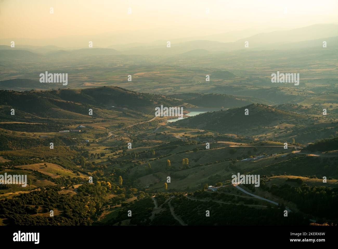 View Of The Landscape Of Central Greece As Seen From The Mount Olympus Massif At Sunset Stock