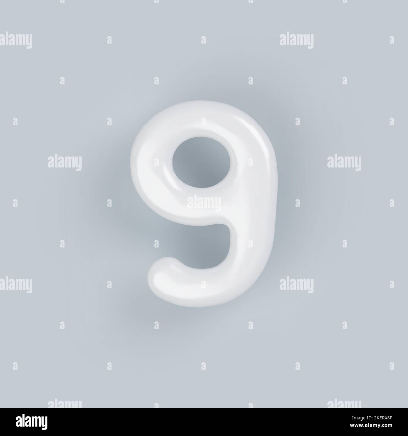 3D White plastic number 9 with a glossy surface on a gray background ...