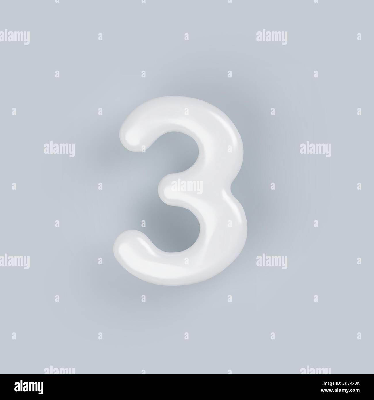 3D White plastic number 3 with a glossy surface on a gray background ...