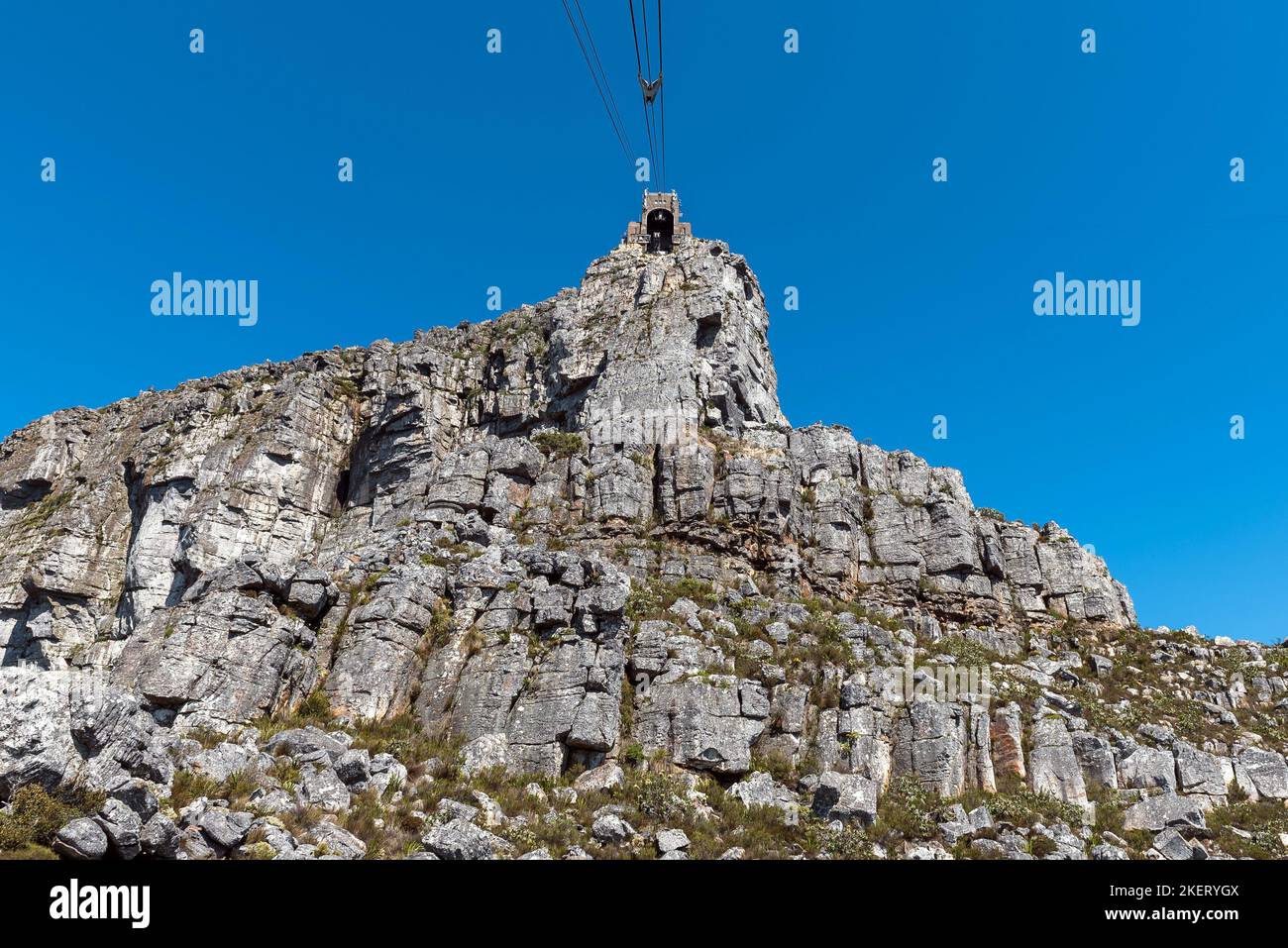 The top cableway building on Table Mountain as seen from a cable car ...