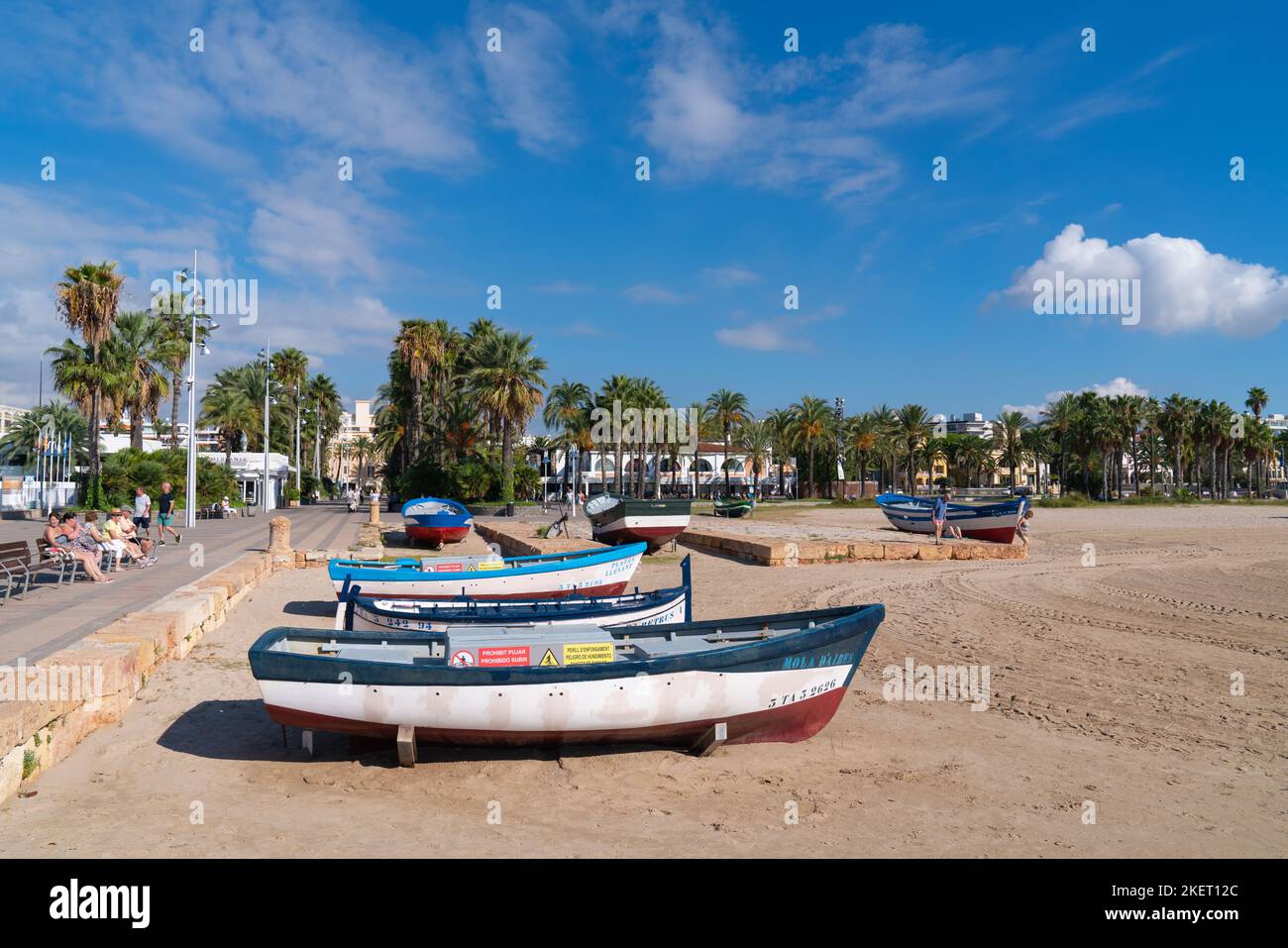 Seafront view of boats The Wharf and Breakwater area Salou Costa Dorada ...
