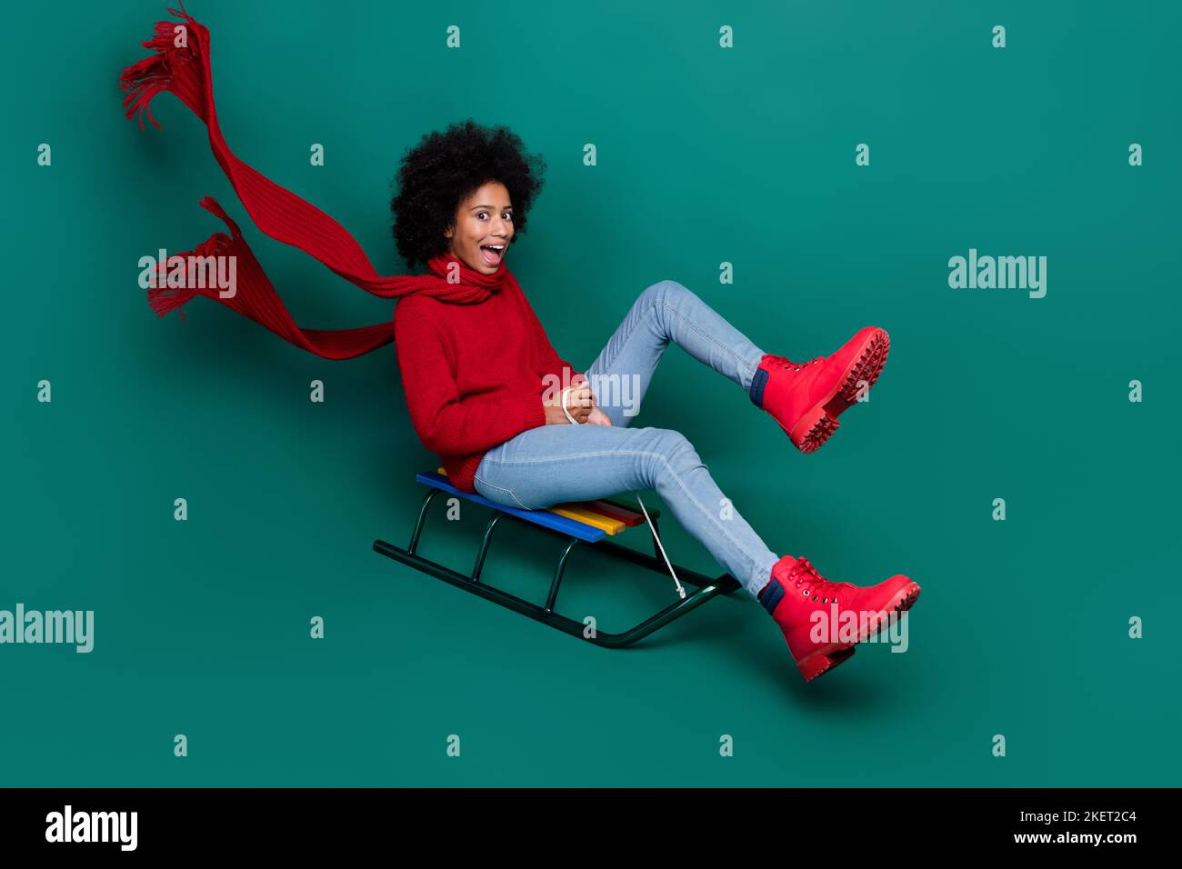 Full body profile photo of excited overjoyed person ride sledge ...