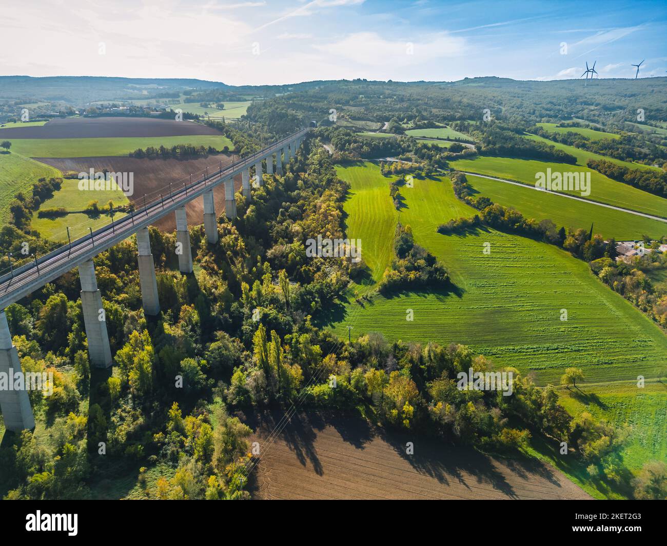 Aerial view of the railroad tracks for high-speed trains on the flyover ...