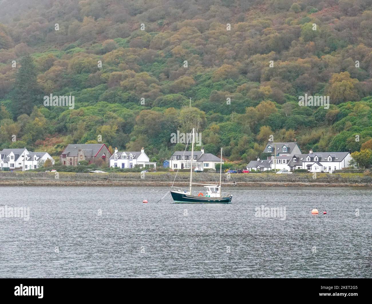 Pleasure boat moored in sea Loch with homes, houses, along the shore ...