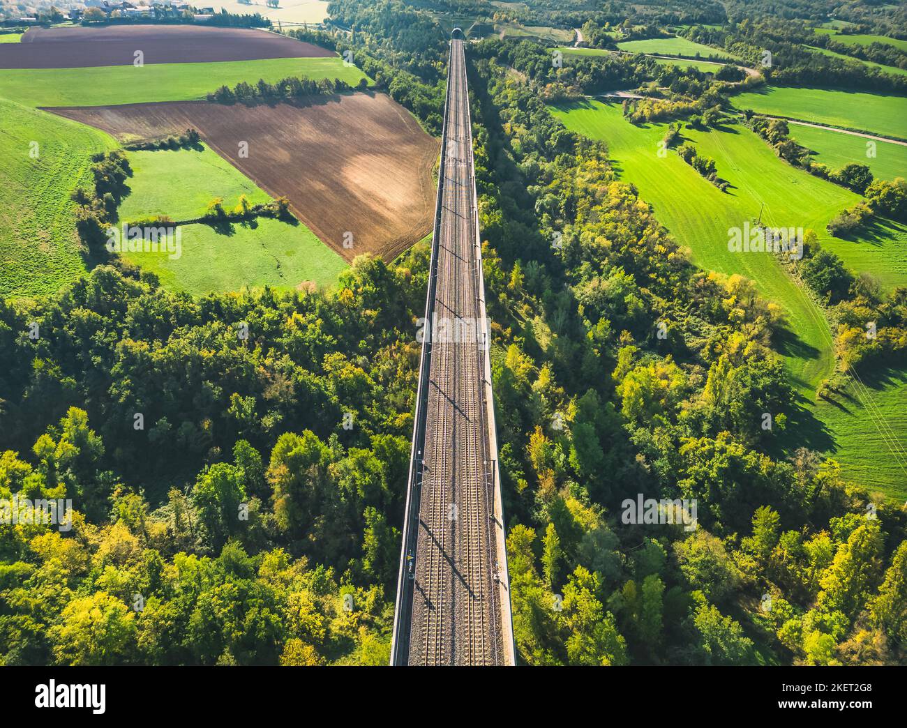 Aerial view of the railroad tracks for high-speed trains on the flyover ...