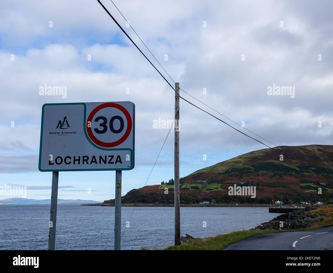 Speed limit 30 sign at entry to the village of Lochranza, Isle of Arran ...
