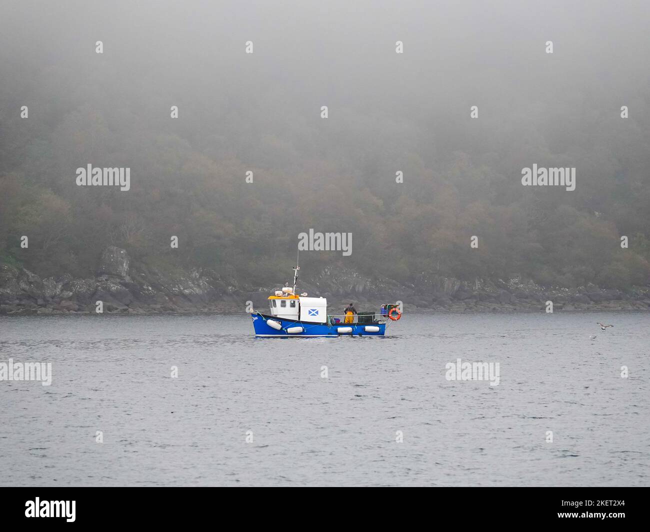 Fisherman tossing out traps from small working boat, in the fog, near ...