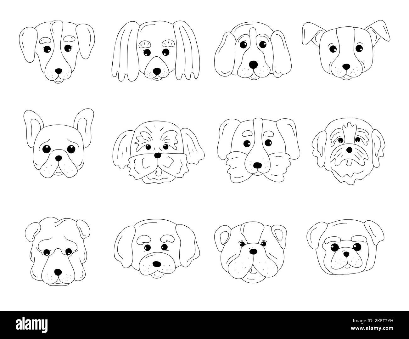 Line art popular dog breeds faces. Canine breeds cute muzzle in doodle ...