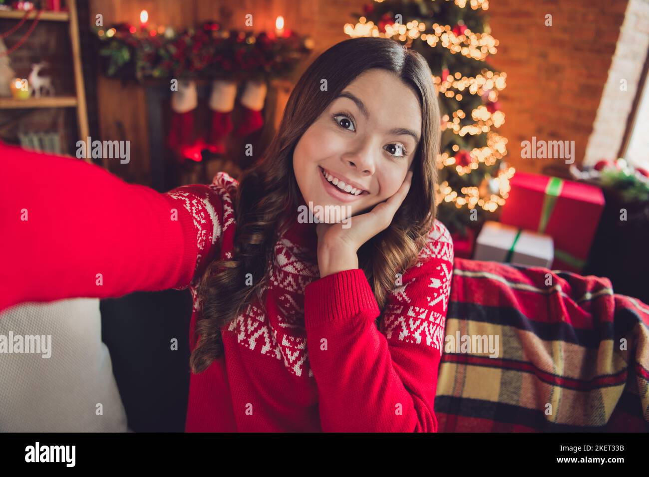 Portrait of impressed excited ecstatic girl with wavy hairdo dressed ...