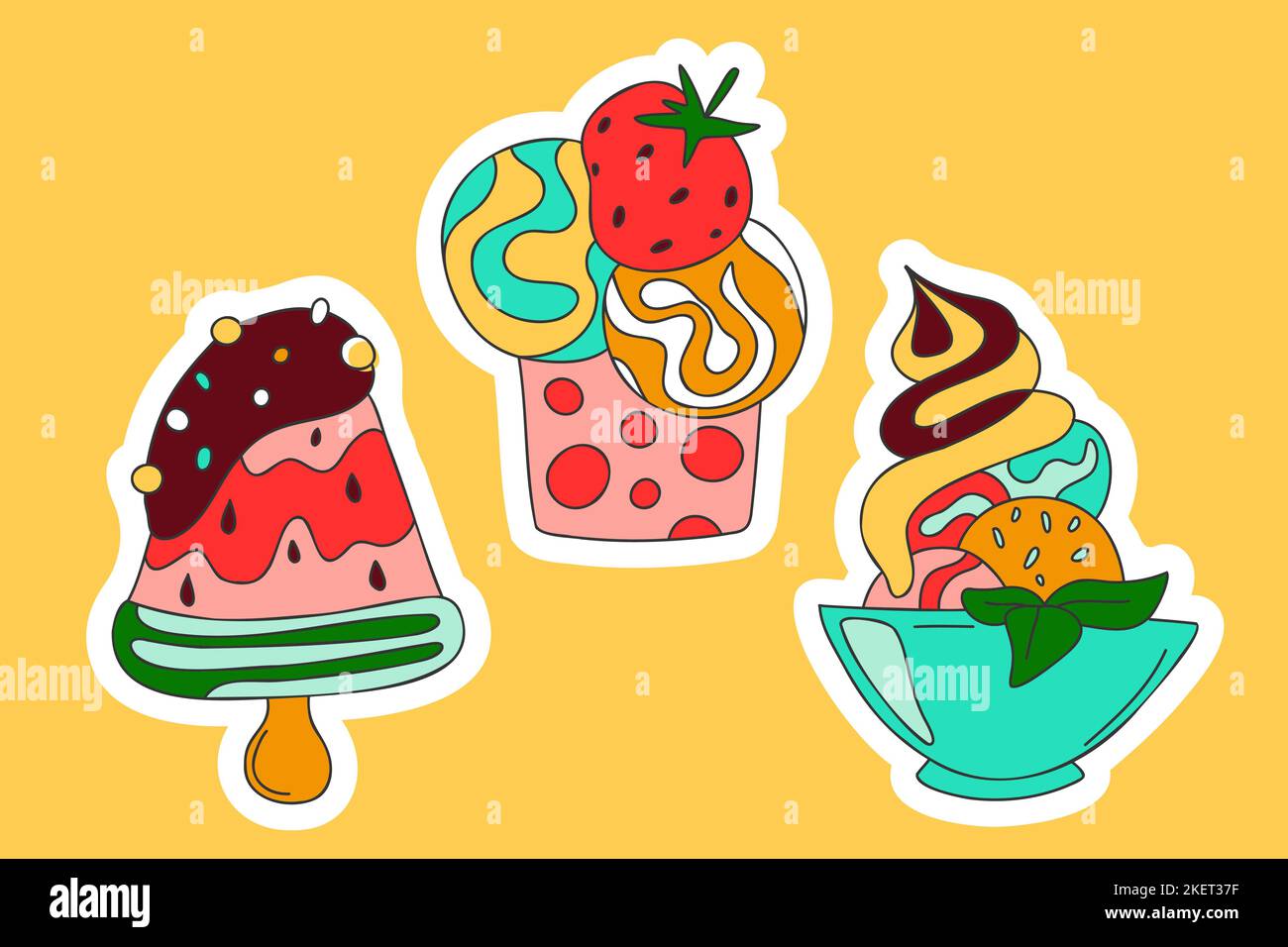 Cute deserts doodle stickers. Eskimo pie popsicle, ice cream balls ...