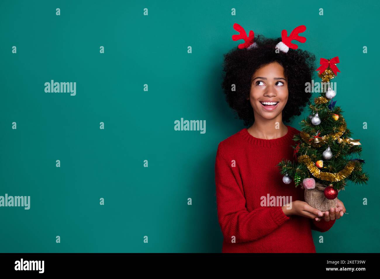 Photo of cheerful little girl toothy smile hold mini tree look empty ...