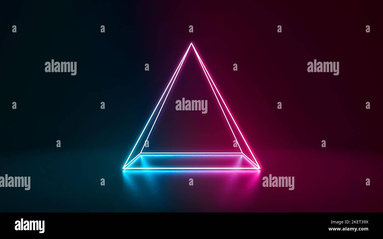 Blue and pink neon glowing pyramid stand in darkness, 3d rendering ...