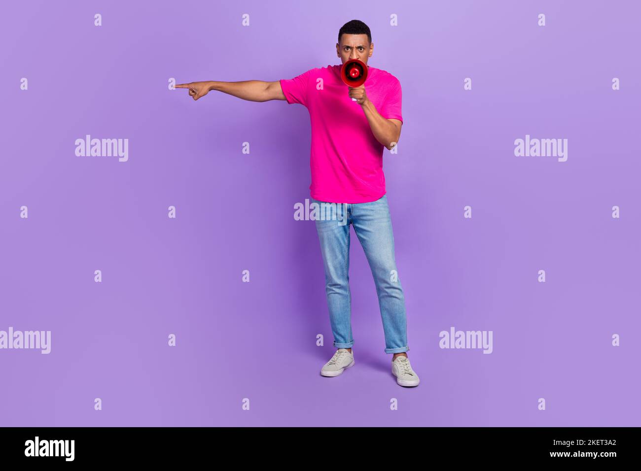 Full body photo of mad person arm hold loudspeaker finger point empty ...