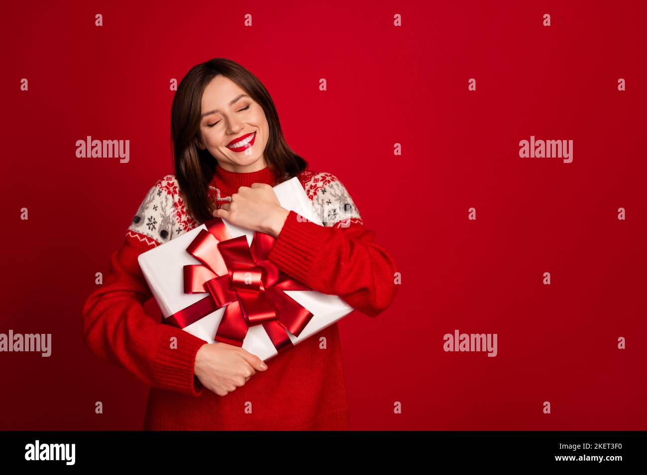 Portrait of thankful funny positive woman bob hairdo dressed red ...