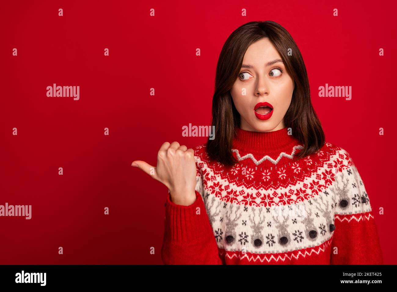 Portrait of impressed astonished woman with bob hairdo dressed red ...