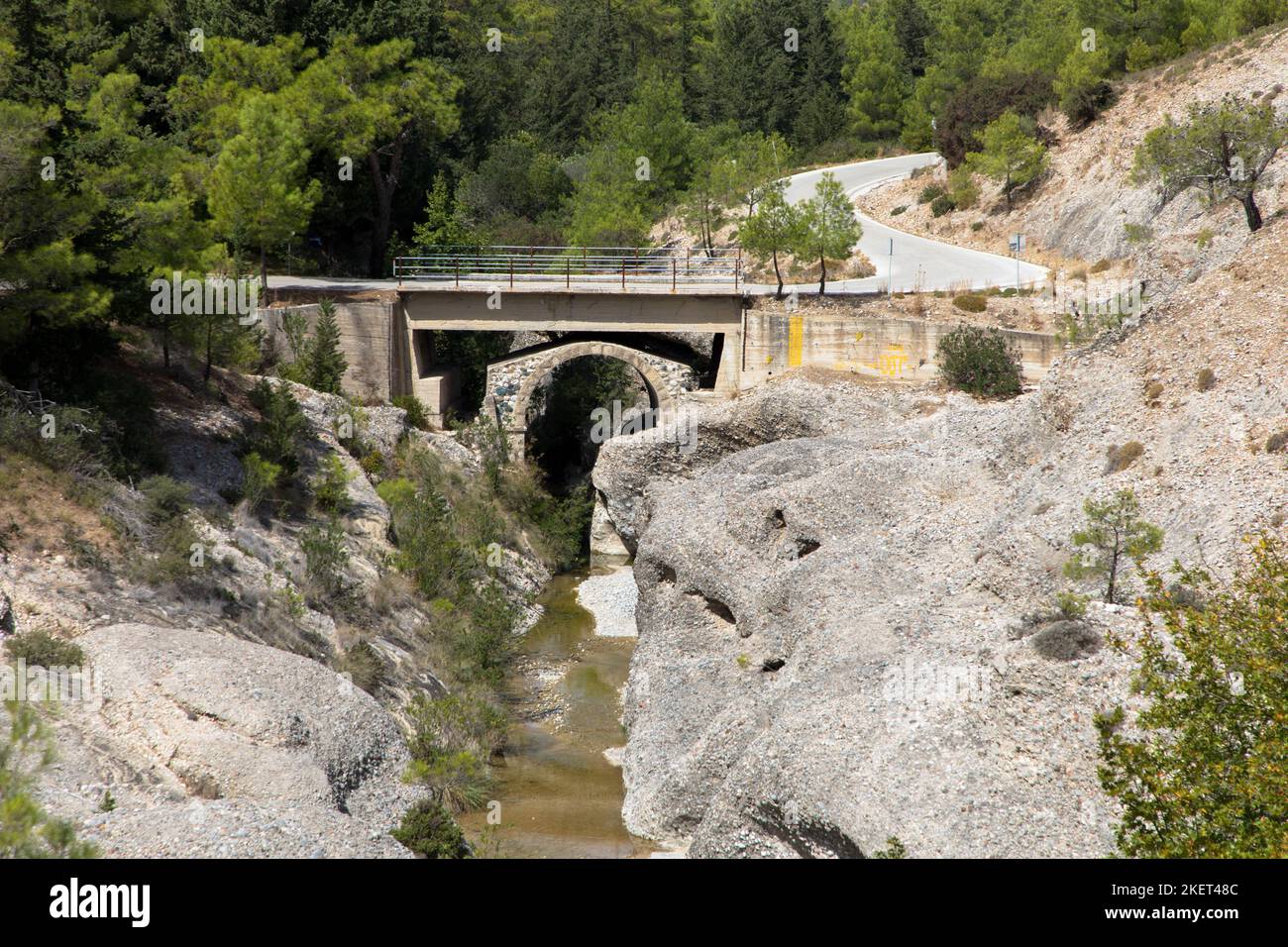 Panoramic view of the Blue Mountain River and Stone Bridge. Near the ...