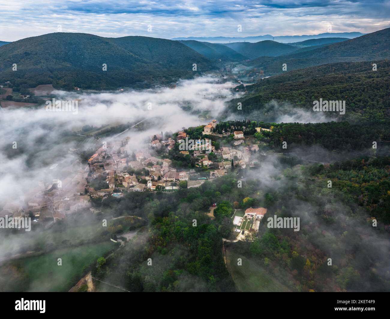 Panoramic view of the old village of Mirmande in France. Aerial photo ...