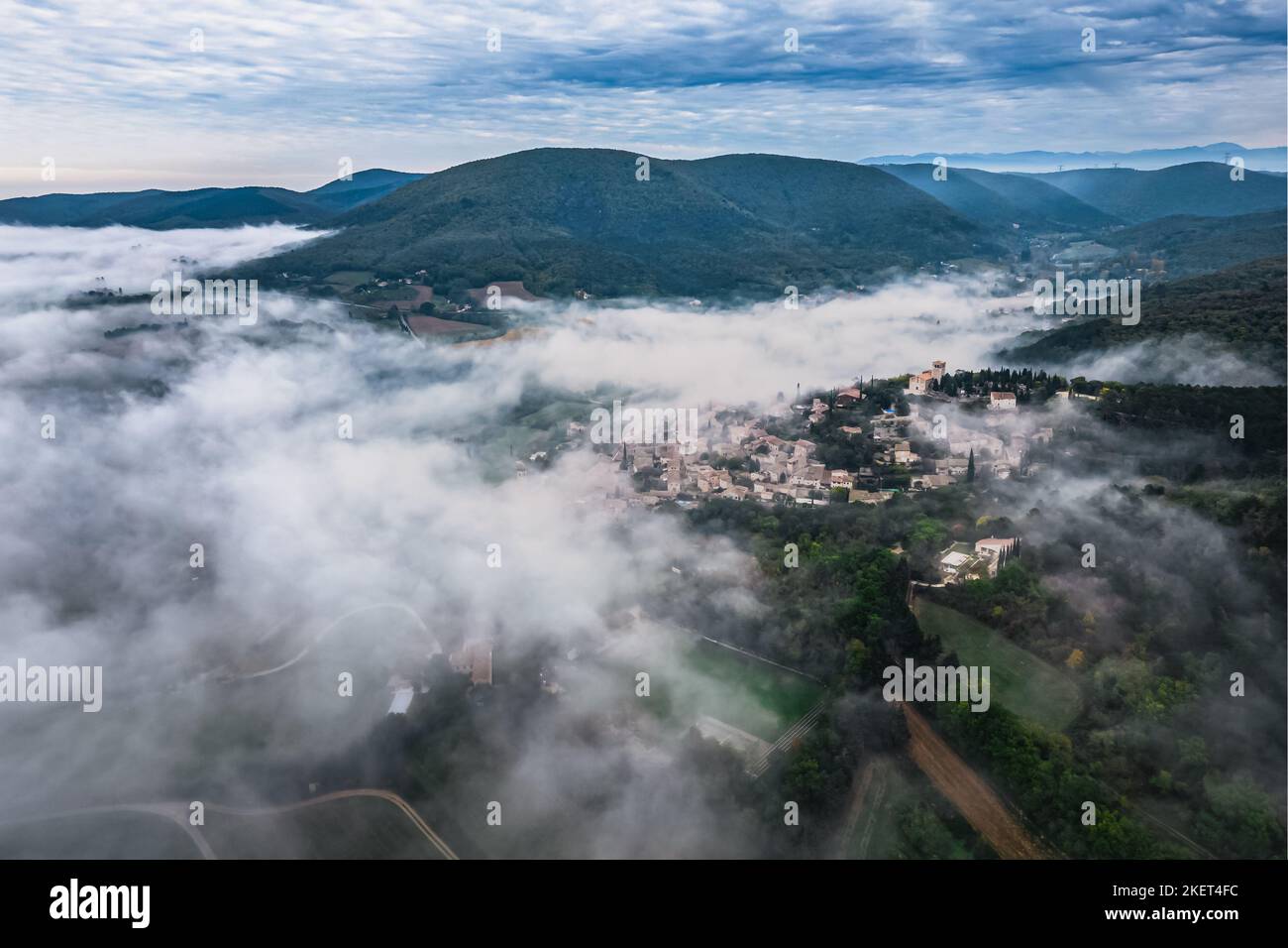 Panoramic view of the old village of Mirmande in France. Aerial photo ...