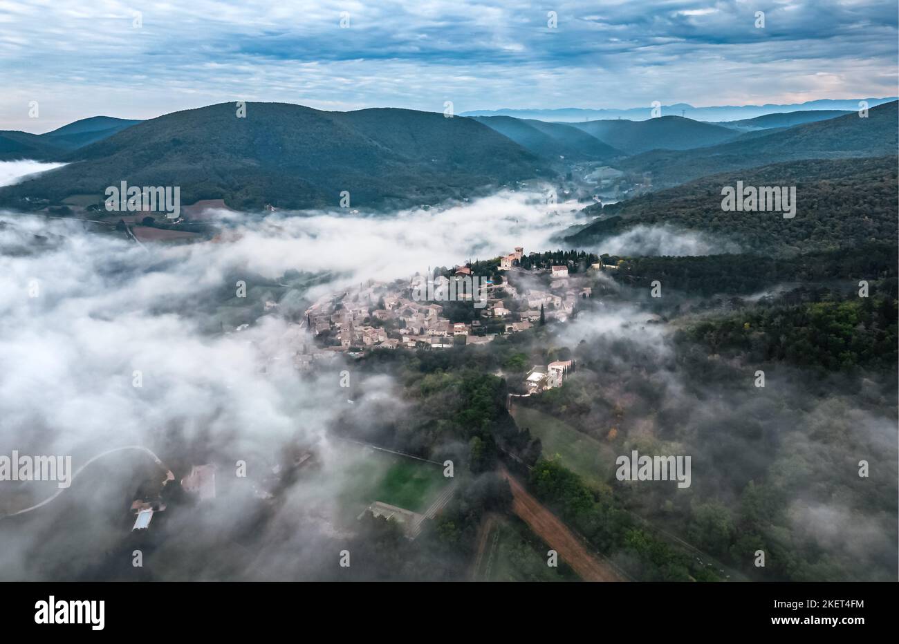 Panoramic view of the old village of Mirmande in France. Aerial photo ...