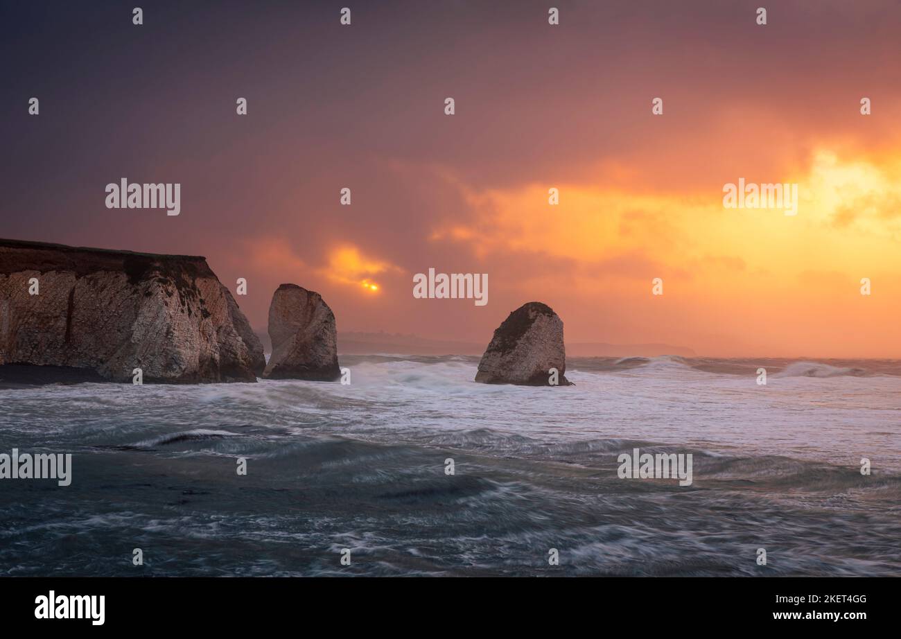 Stormy November sunrise at Freshwater Bay and Stag rock Isle of Wight ...