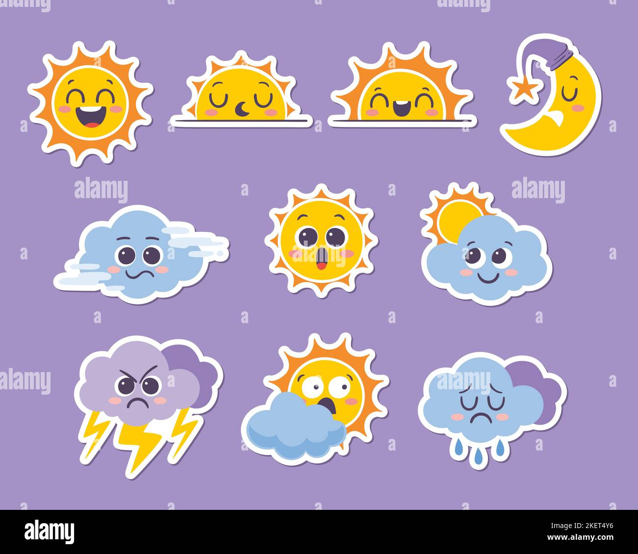 Weather forecast emoji stickers. Funny cartoon stickers of the sun, the ...