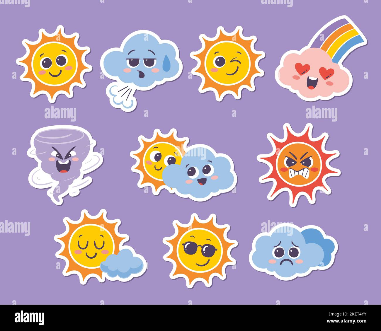Weather forecast emoji stickers. Funny cartoon stickers of the sun and ...