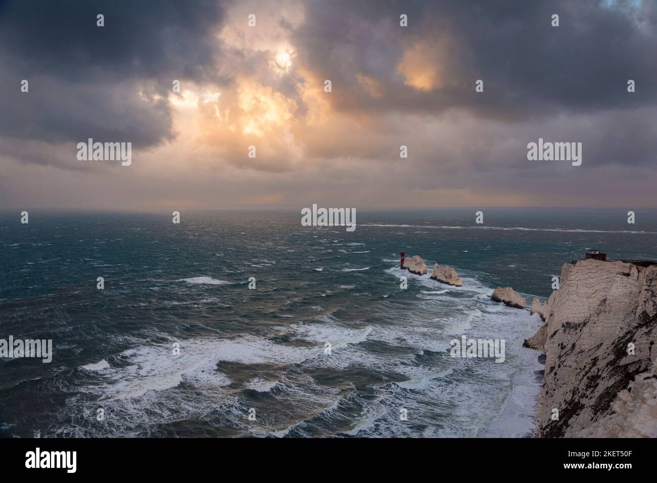 Stormy sunset at The Needles viewpoint Isle of Wight south east England ...