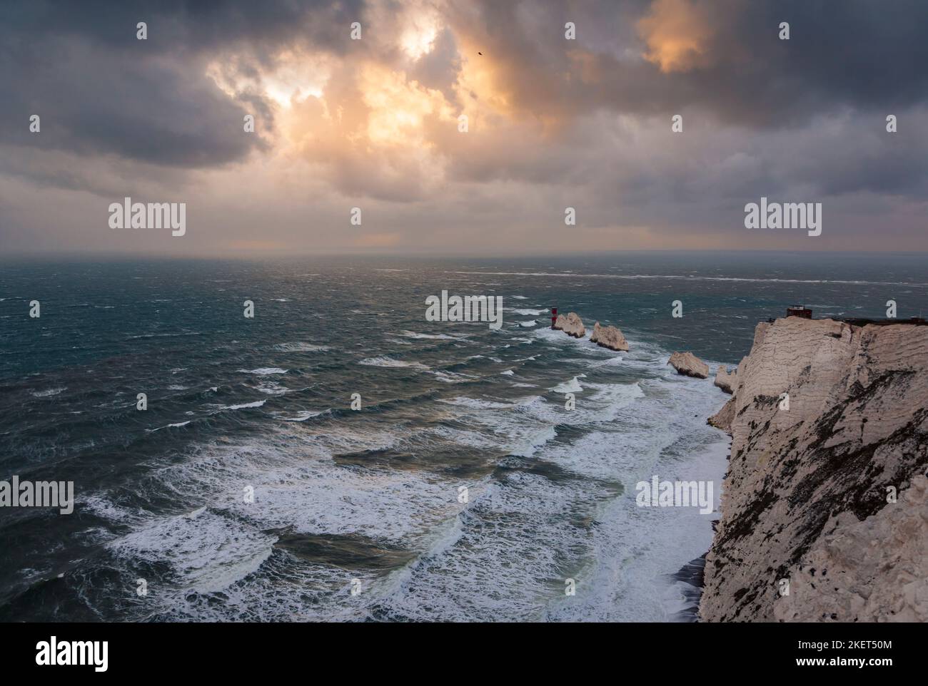 Stormy sunset at The Needles viewpoint Isle of Wight south east England ...