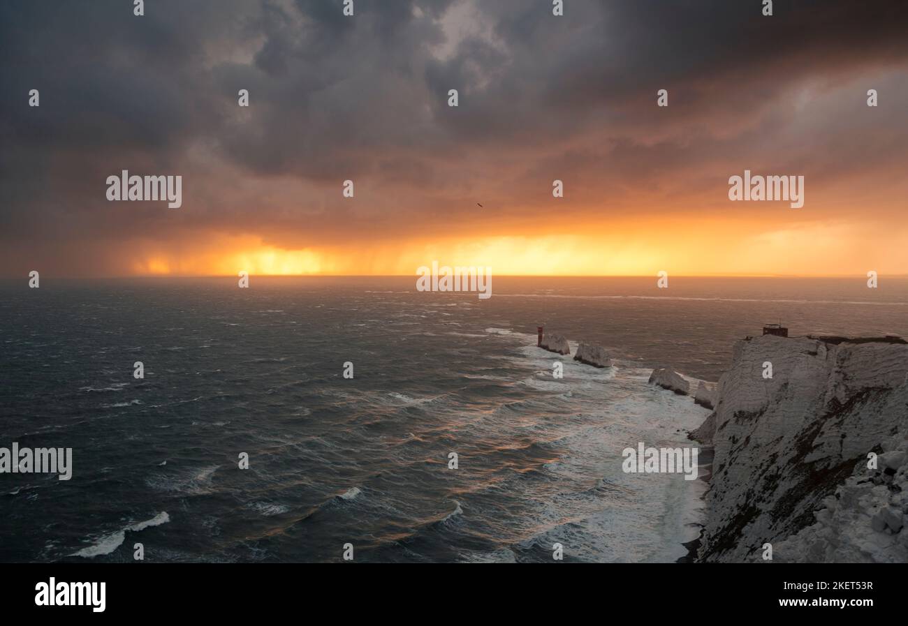 Stormy sunset at The Needles viewpoint Isle of Wight south east England ...